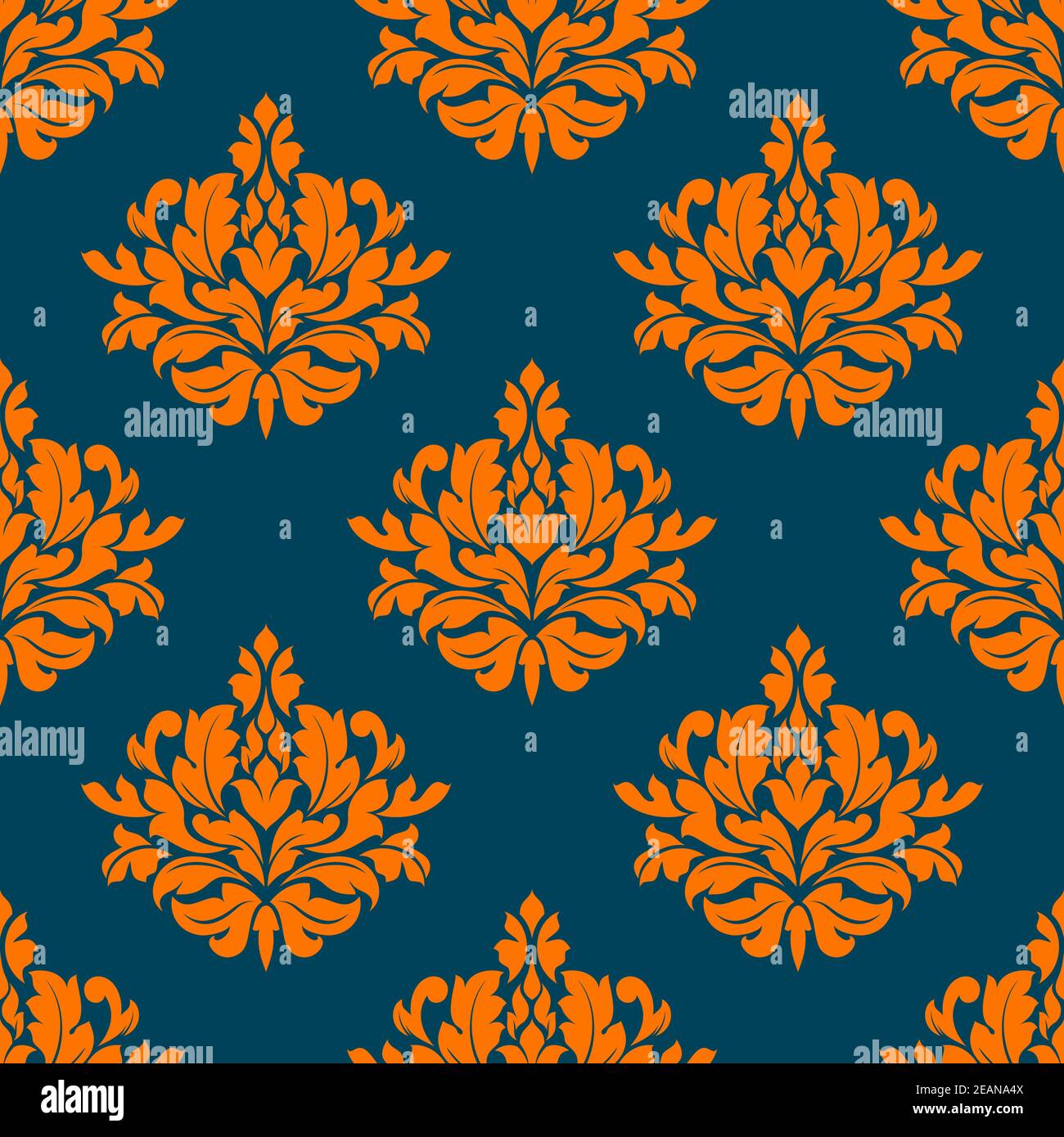 Floral seamless vintage fabric pattern with orange flowers on indigo or ...