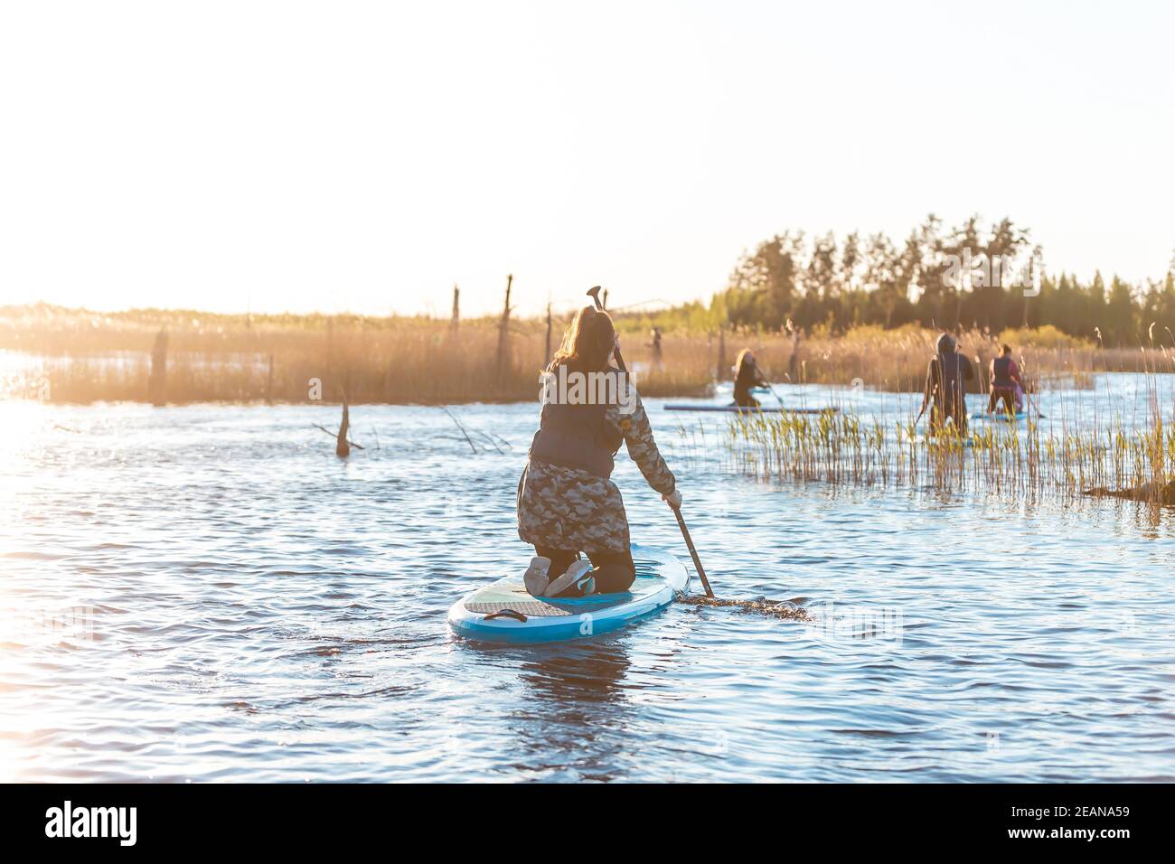 Group of people on the stand-up paddleboards in a lake surrounded by ...
