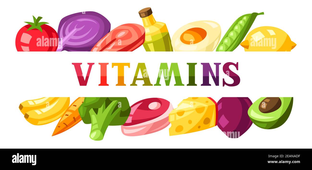 Vitamin food sources illustration Stock Vector Image & Art - Alamy