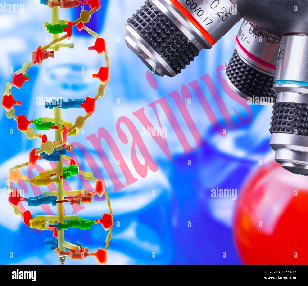 DNA under a microscope ,chemical flasks and the threat of coronavirus ...