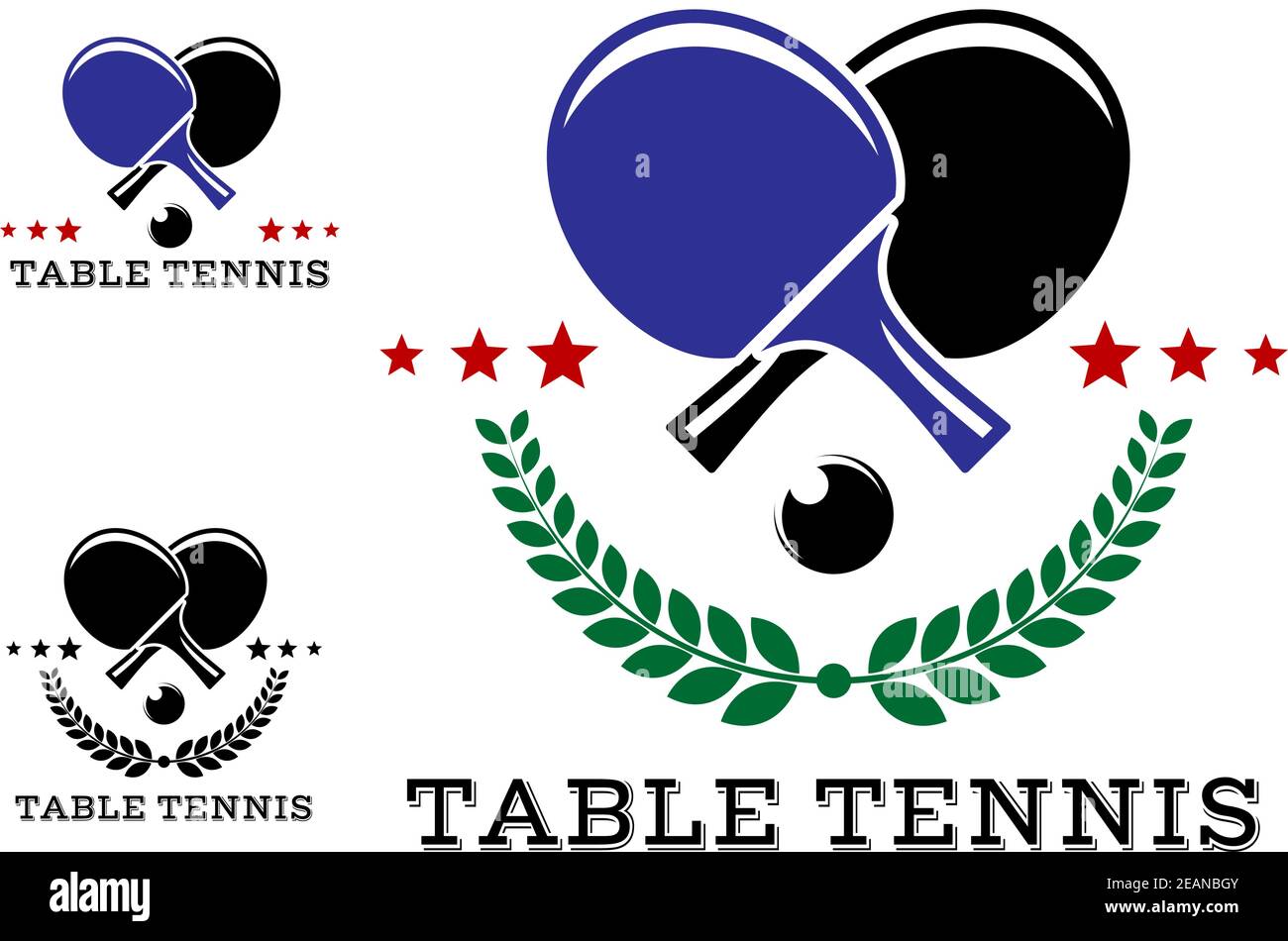 Set of table tennis emblems with ping pong ball, racket, ribbon banners ...