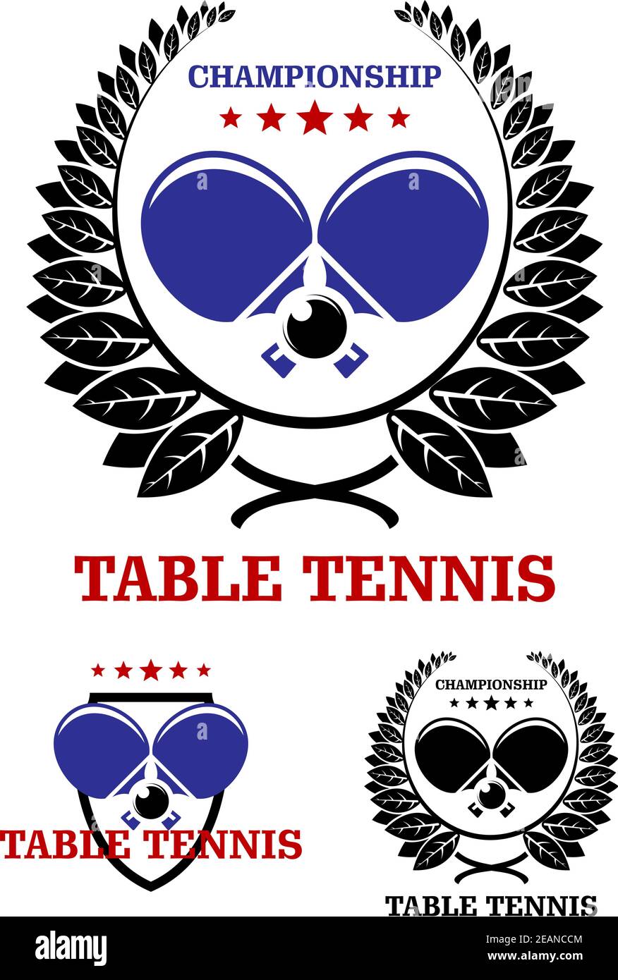 Table tennis emblems with ping pong ball, racket, laurel wreaths and ...