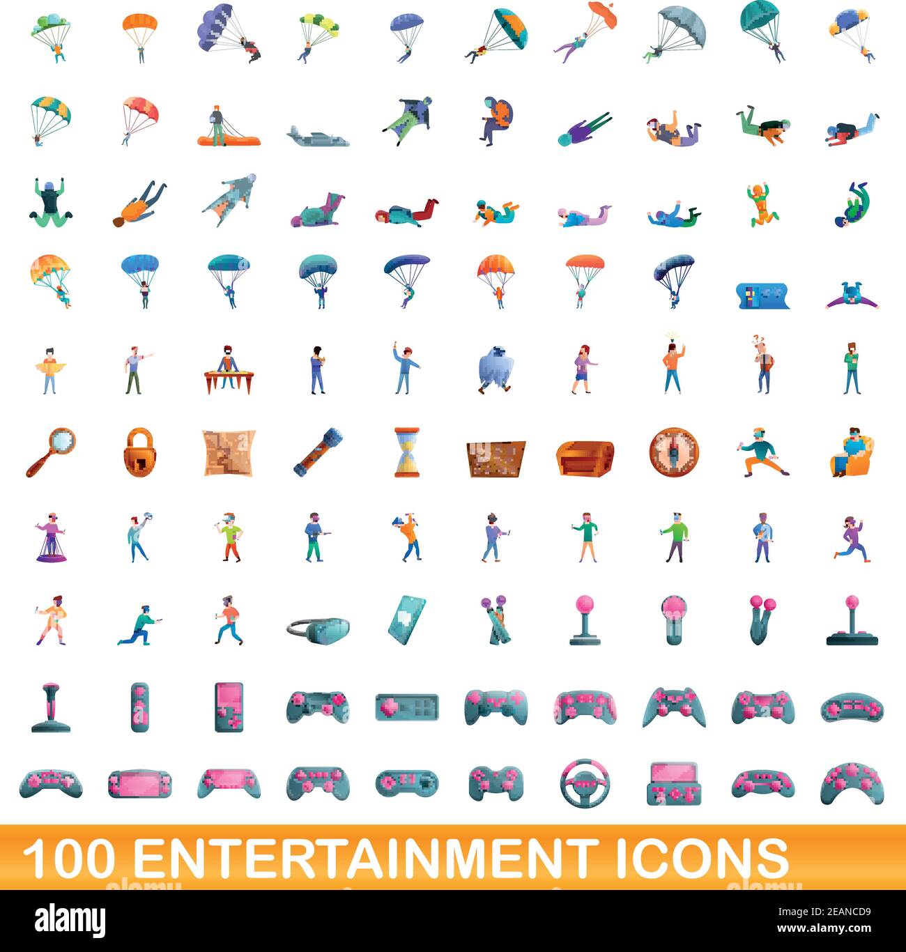100 entertainment icons set. Cartoon illustration of 100 entertainment ...
