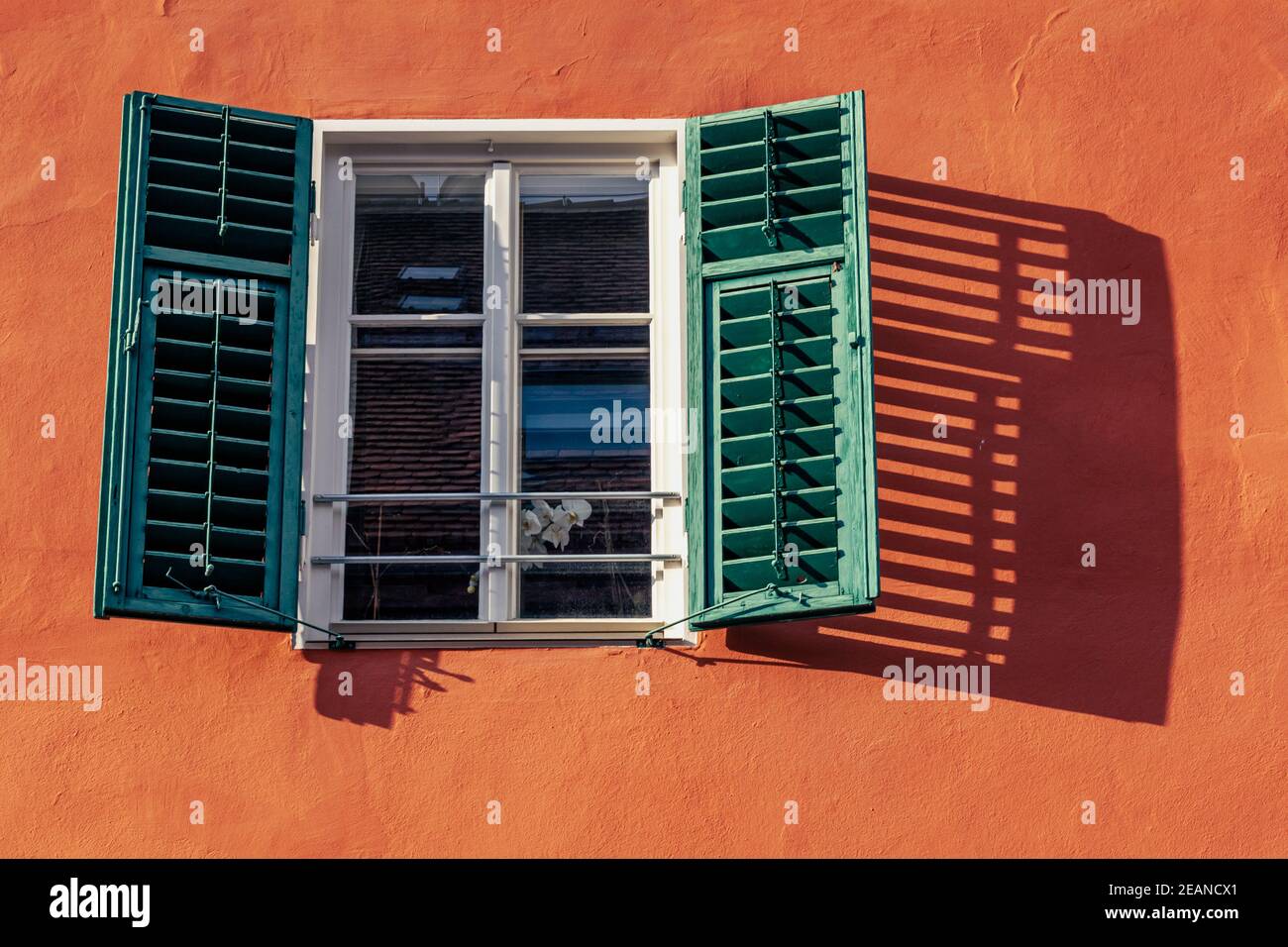 window with open shutter and flower in an old house in the countryside ...