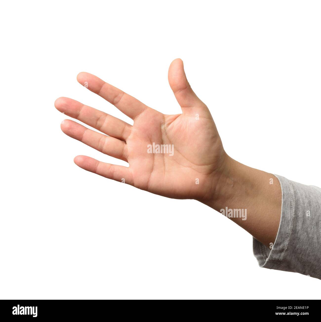 open female palm stretches forward, body part isolated on white ...