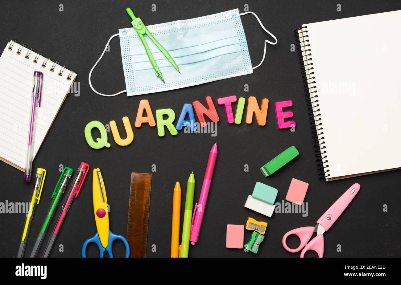 inscription quarantine from multicolored plastic letters and school ...