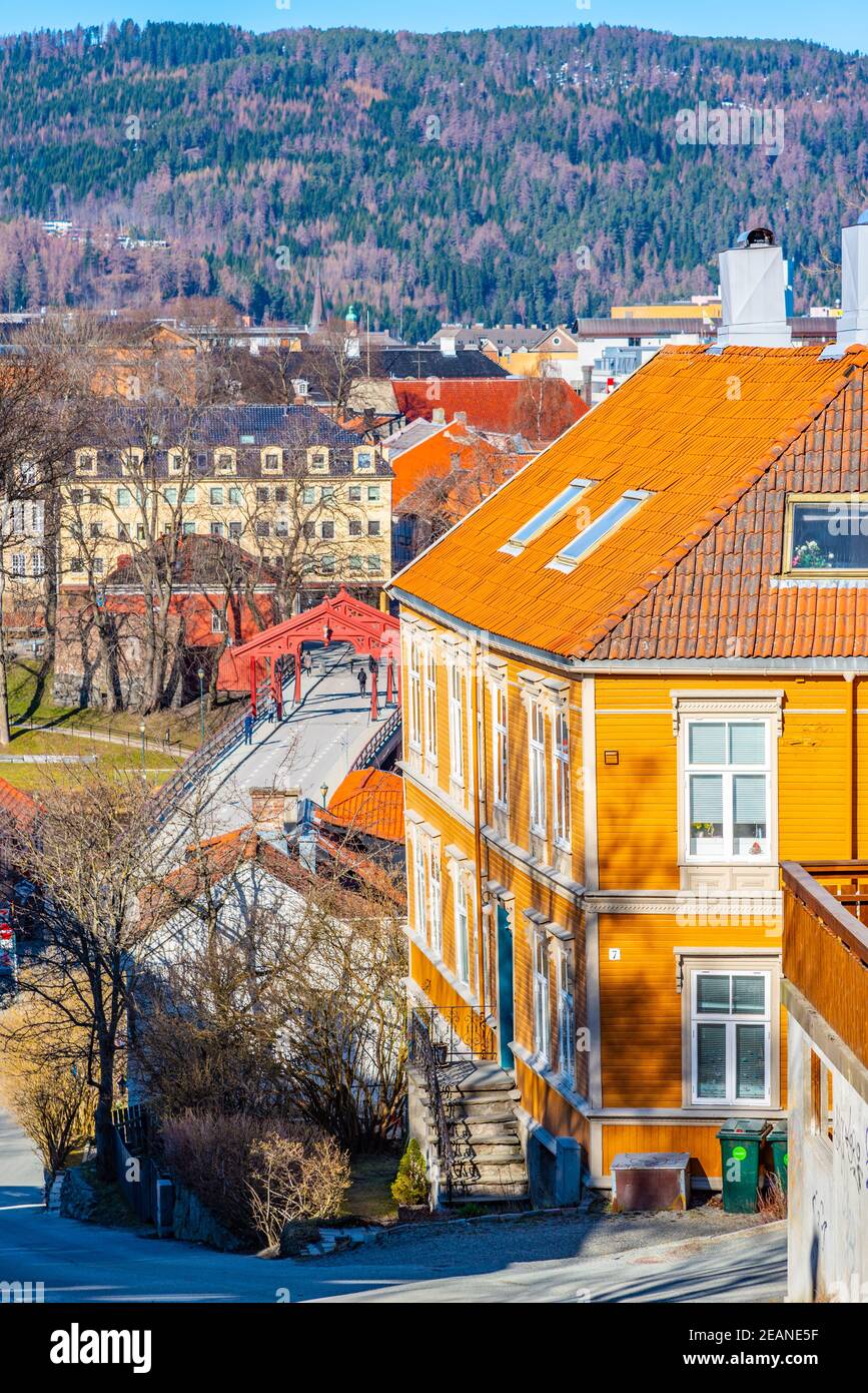 Aerial view of the old wooden bridge in Trondheim, Norway Stock Photo ...
