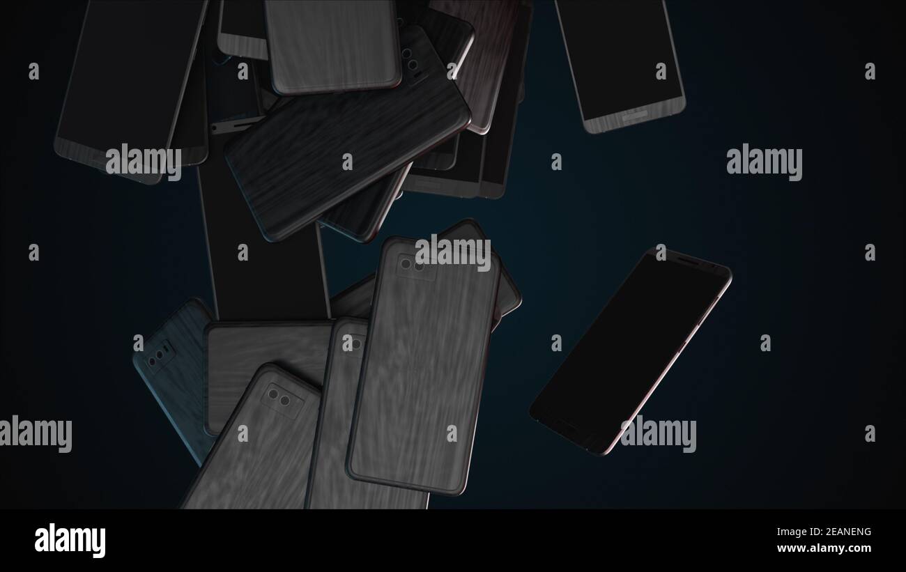 Many falling smartphones, computer generated. 3d render of modern ...