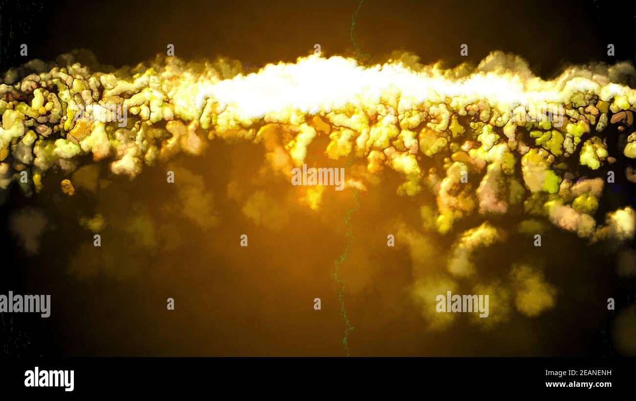 Amorphous mass of gold liquid particles, computer generated. 3d ...