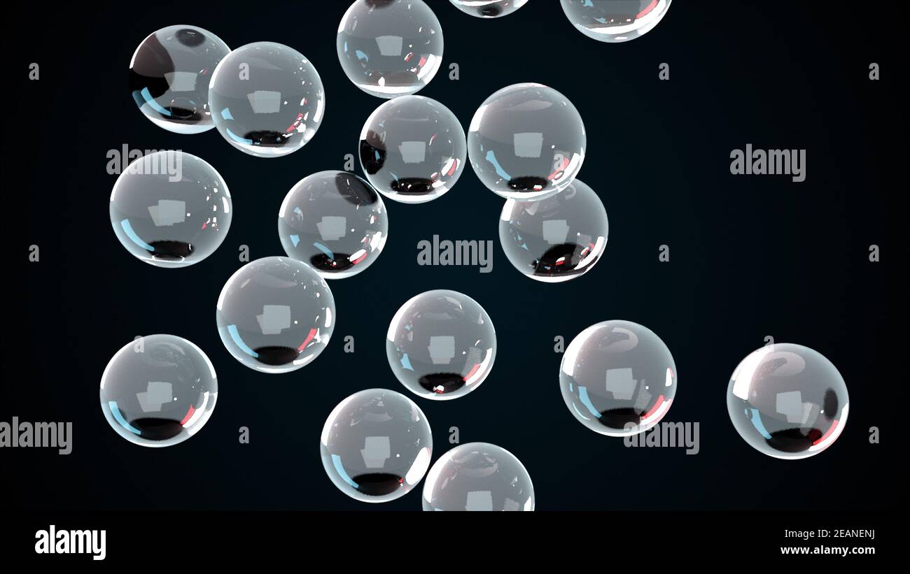 Many falling glass balls, computer generated. 3d render of crystal ...