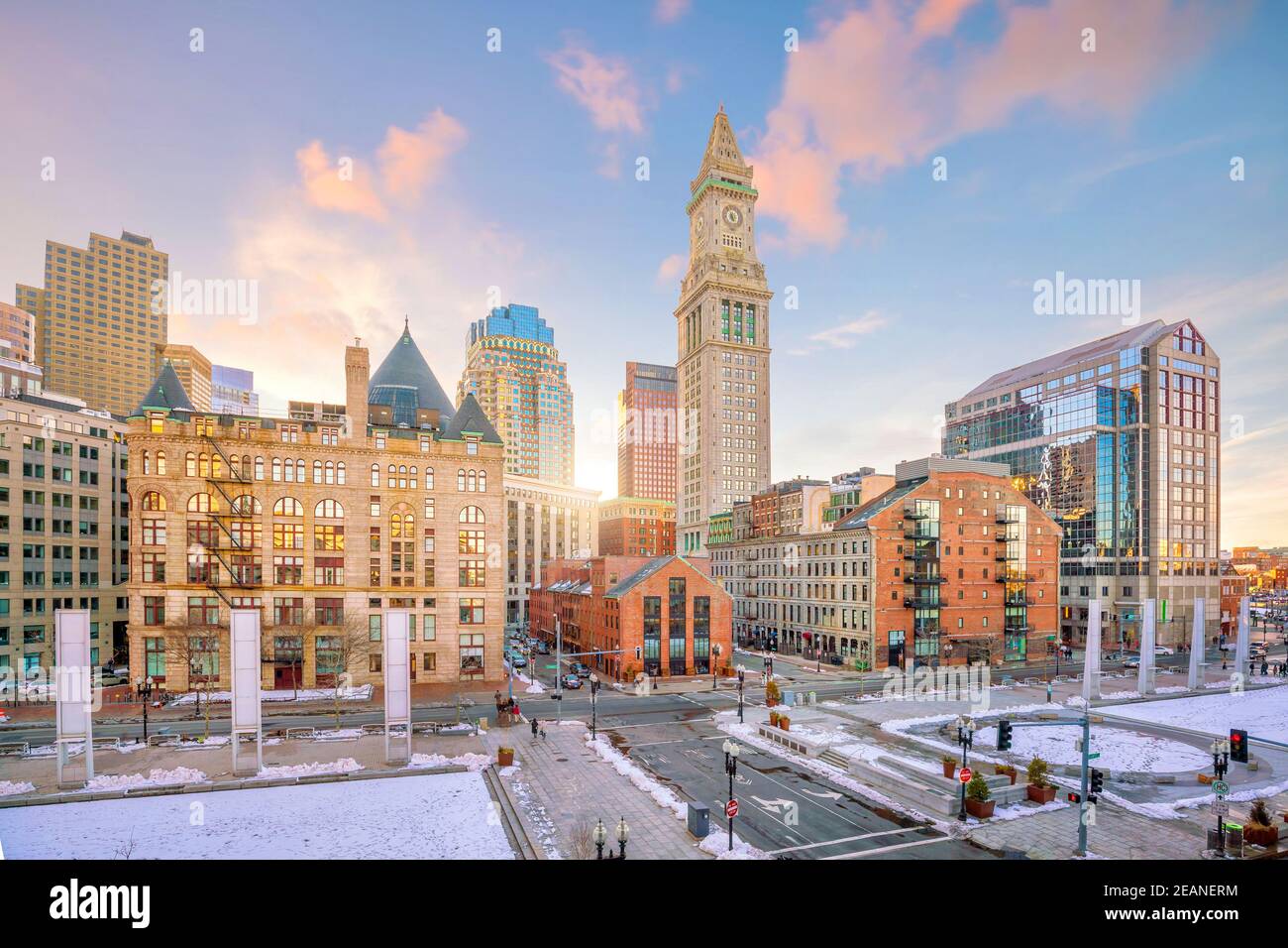 Boston downtown skyline at sunset in Massachusetts Stock Photo - Alamy