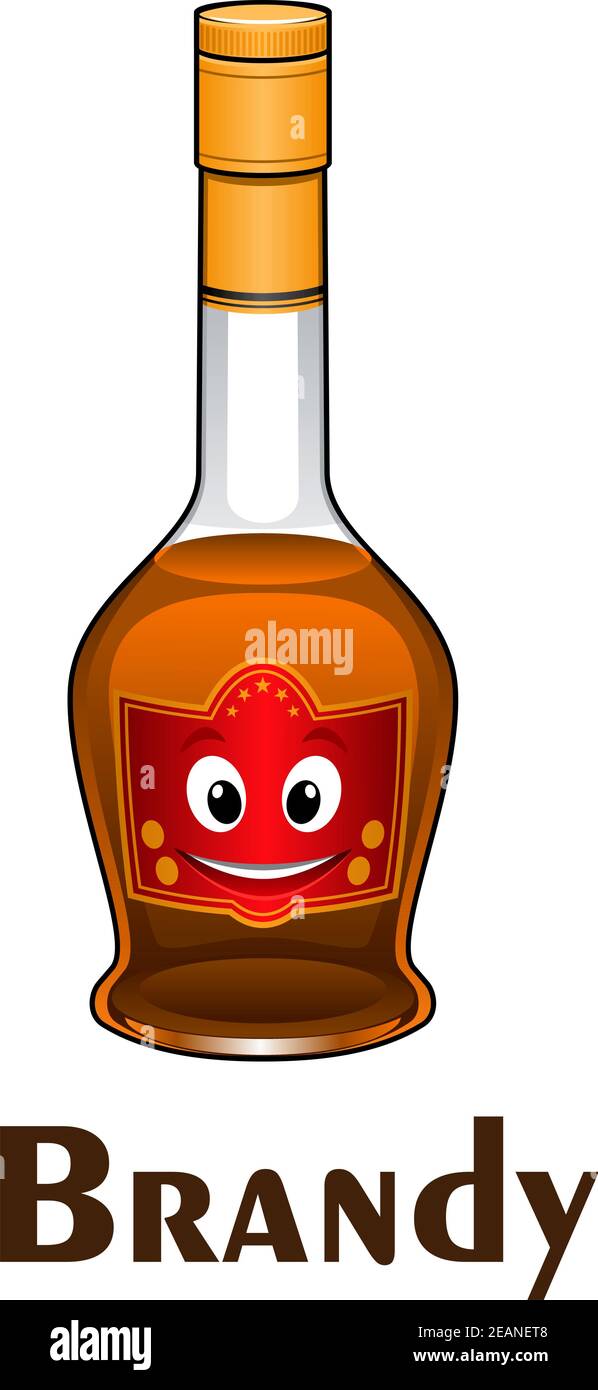 Cartoon smiling brandy bottle character with brown beverage isolated on ...