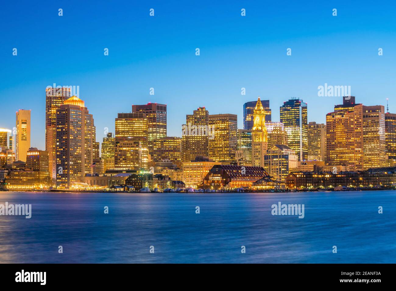 Panorama view of Boston skyline with skyscrapers at twilight in United ...