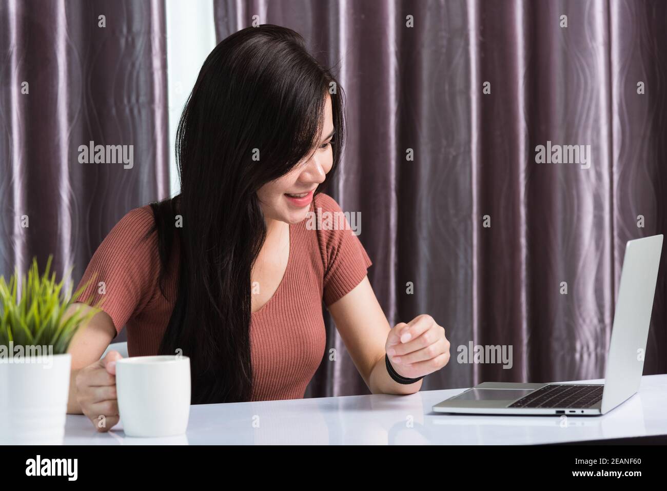 Business woman video call conferencing with team by webcam laptop com ...