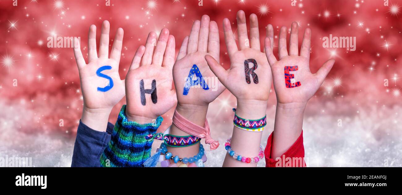 Children Hands Building Word Share, Red Christmas Background Stock ...