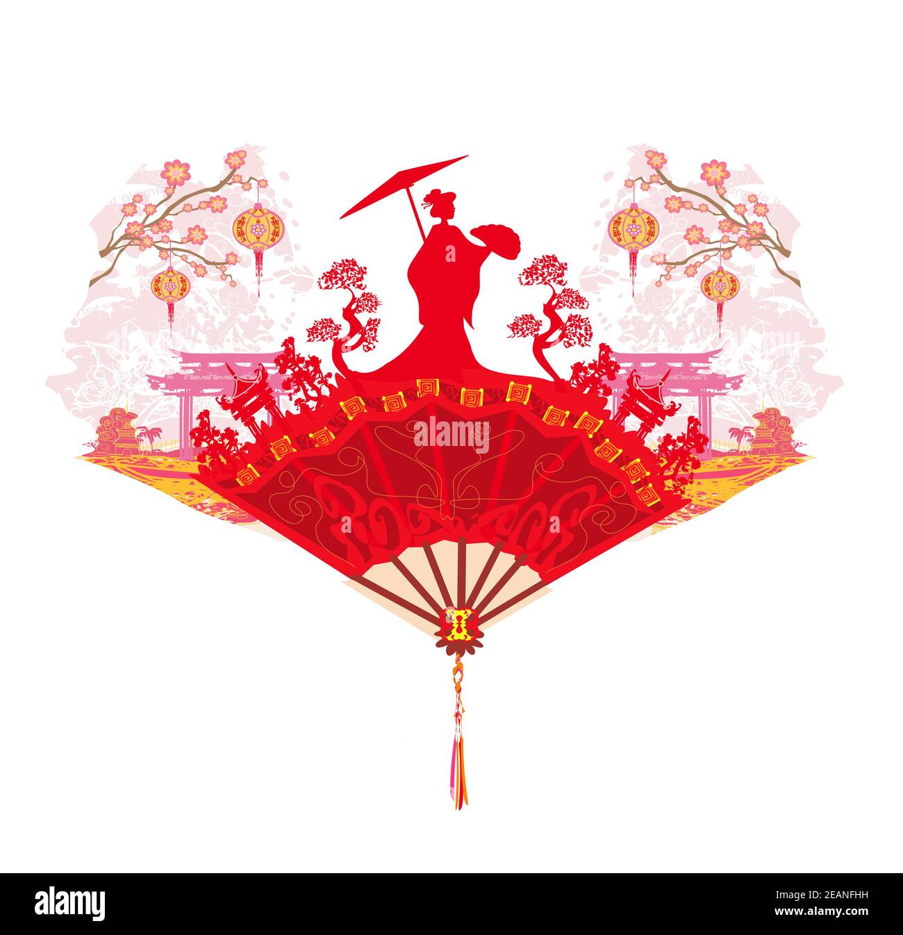 Abstract decorative fan with Asian girl Stock Photo - Alamy