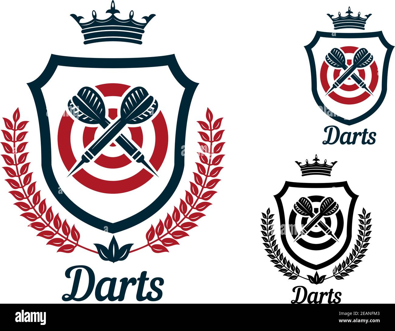 Darts emblems or signs set with dartboard, crown, heraldic shield ...