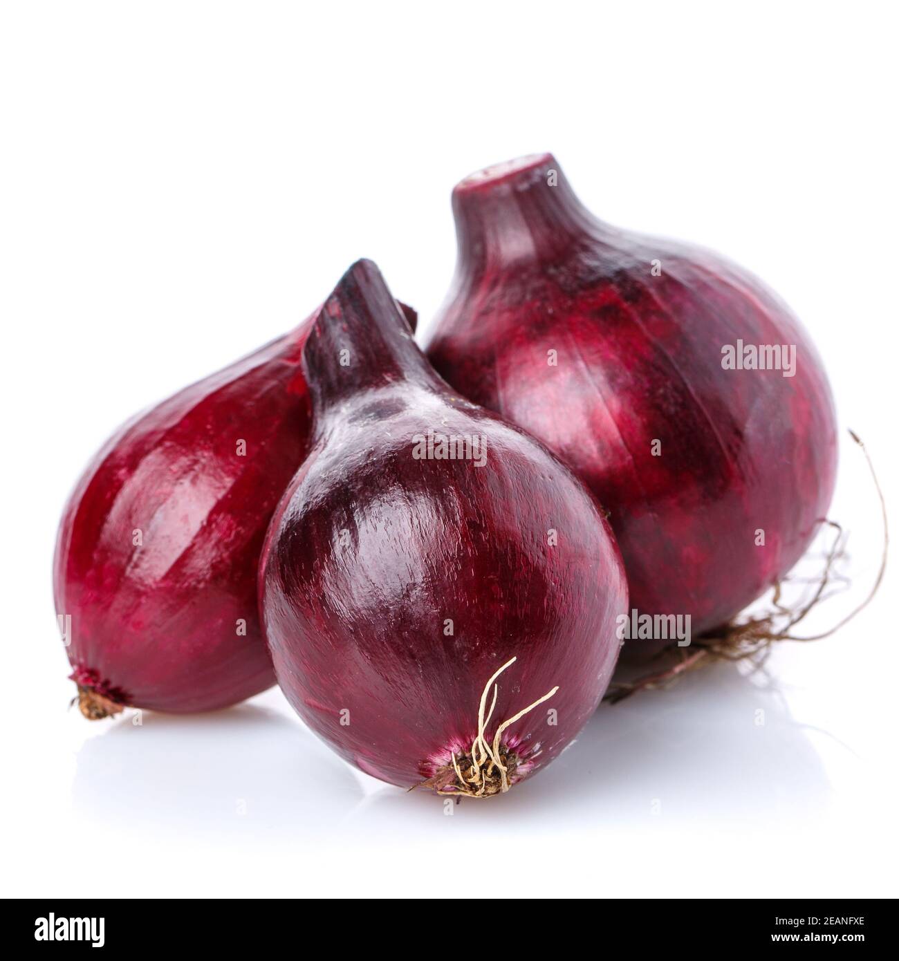 Three red onions on a white background Stock Photo - Alamy