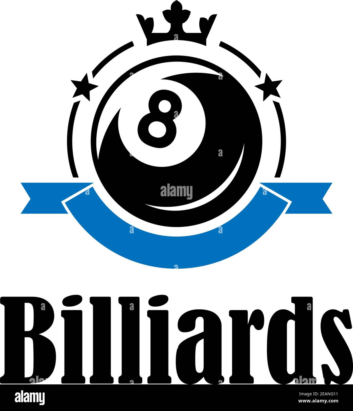 Billiards or pool emblem with ball, crown, banner, stars and text ...