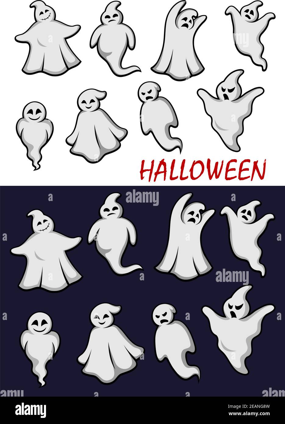 Cute cartoon Halloween ghosts in flowing white robes in different scary ...