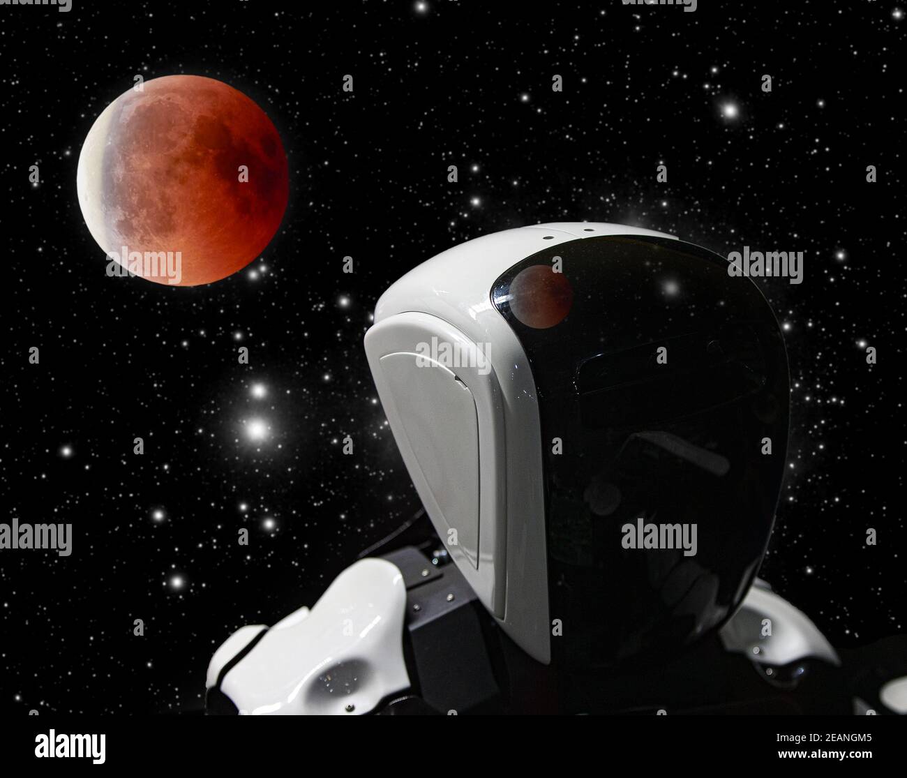 humanoid robot in space with a view of the moon Stock Photo - Alamy