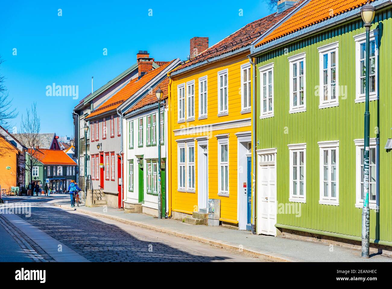 View of a narrow street in the Brygge district of Trondheim, Norway ...