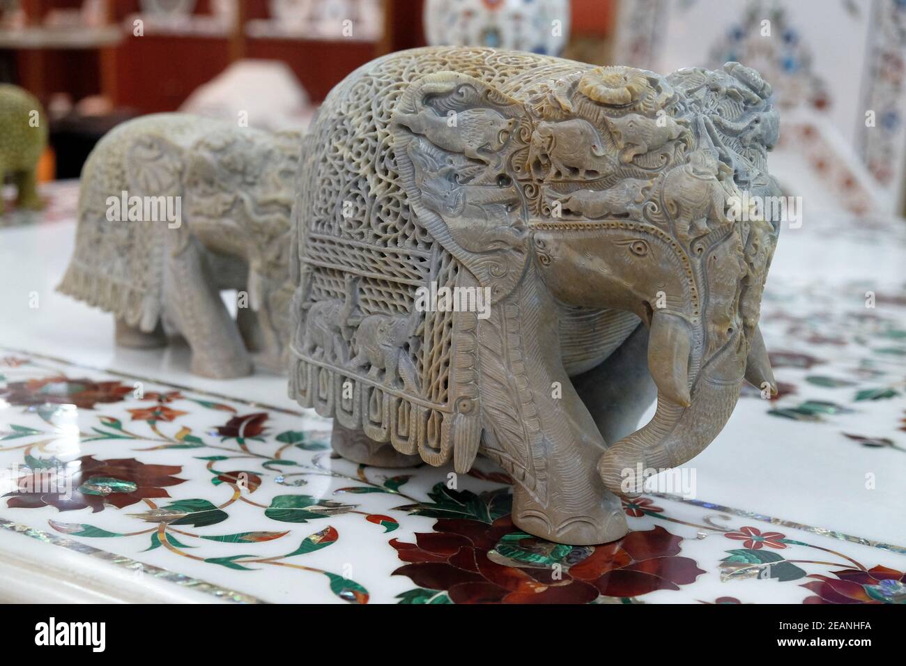 Handcrafted elephant display at souvenir shop in Agra, Uttar Pradesh ...