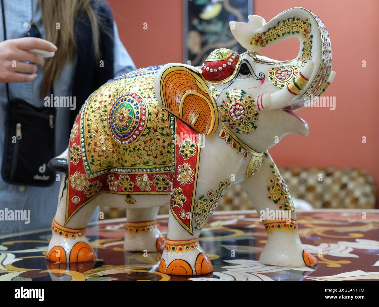 Handcrafted elephant display at souvenir shop in Agra, Uttar Pradesh ...
