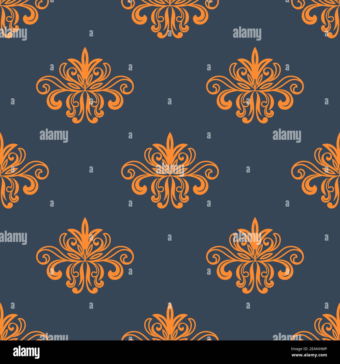 Floral vintage retro orange seamless pattern on indigo or dark blue ...
