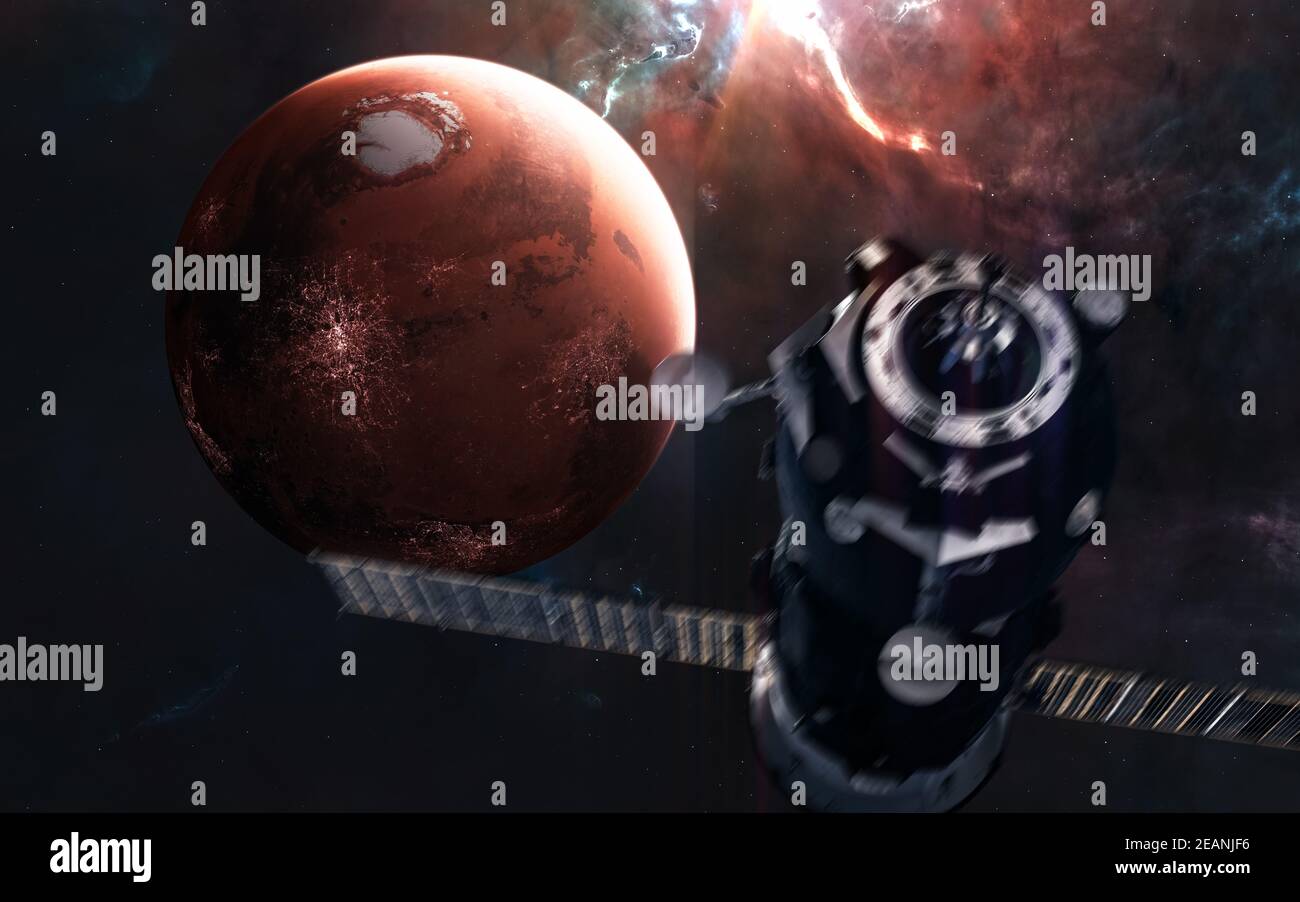 Mars. Inhabited red planet of solar system. The space station is ...