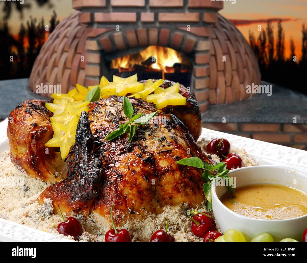 roasted chicken in the wood-fired oven Stock Photo - Alamy