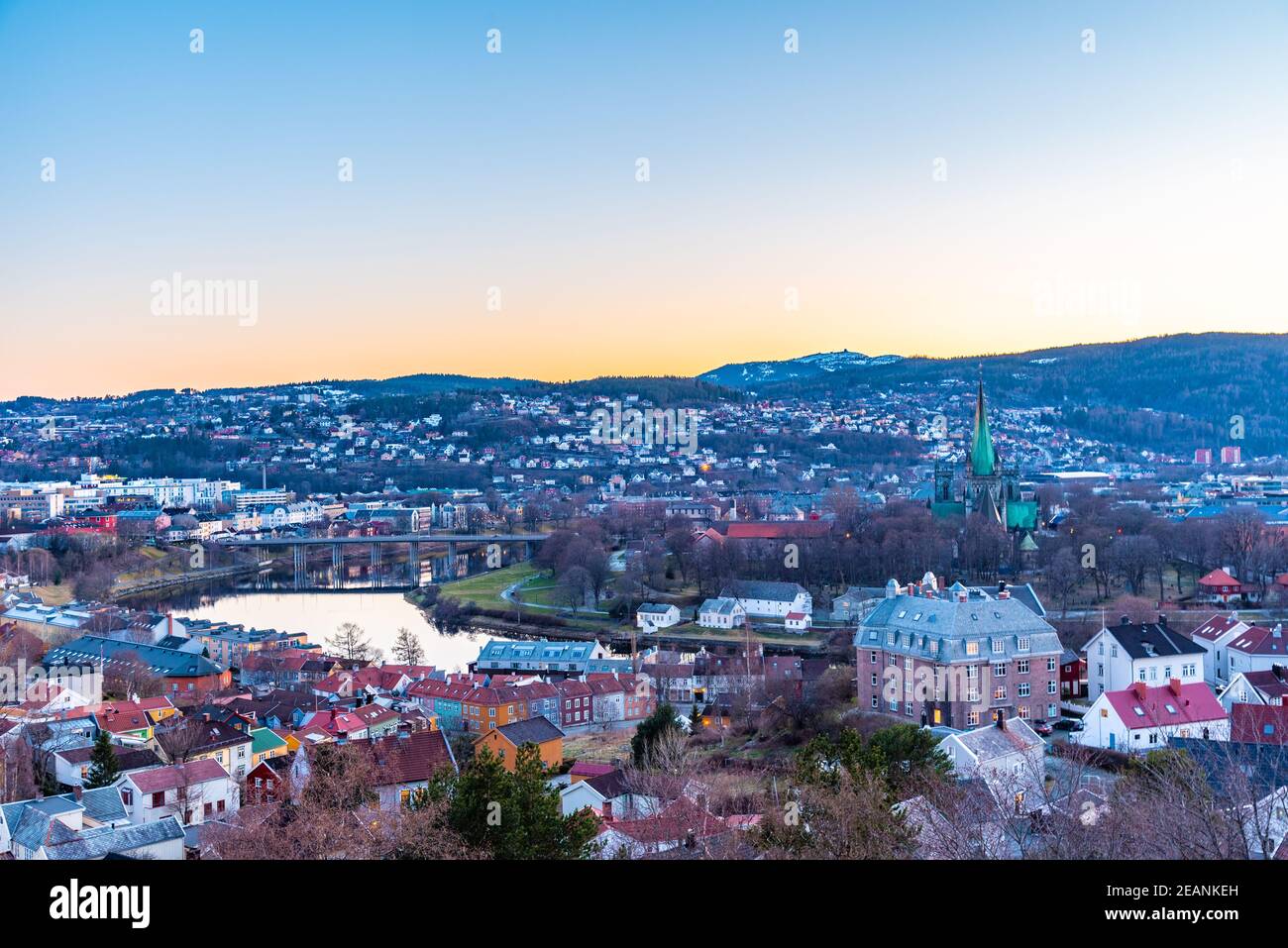 Sunset view of the historical center of Trondheim, Norway Stock Photo ...