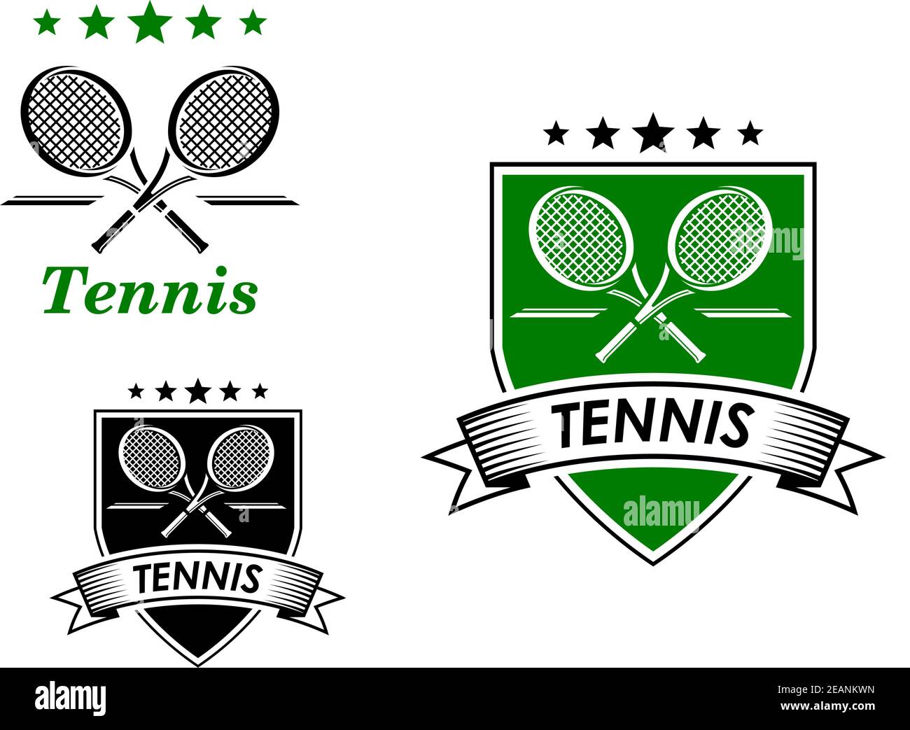 Tennis sporting emblem with rackets, ball and decorative elements ...