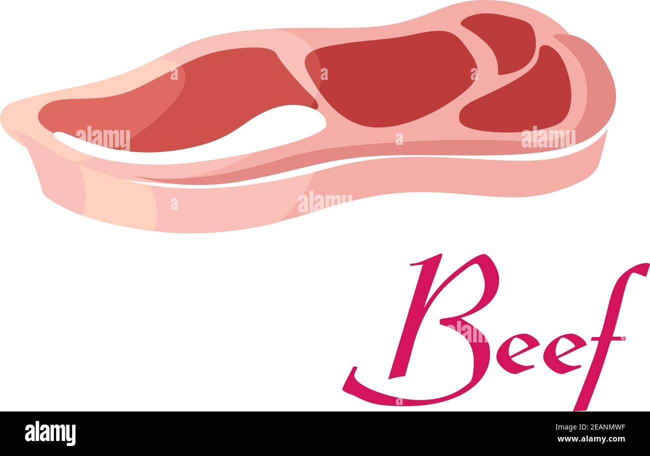Fresh cartoon tasty raw beef meat with text Beef isolated on white ...
