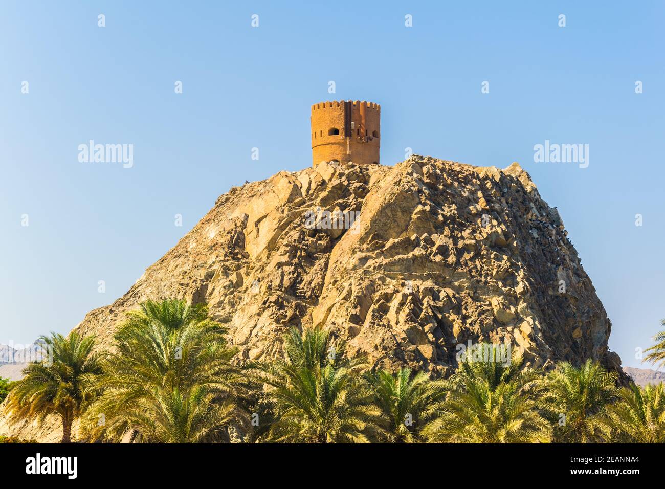 View of a watch tower behind the al riyam park in Muttrah district of ...