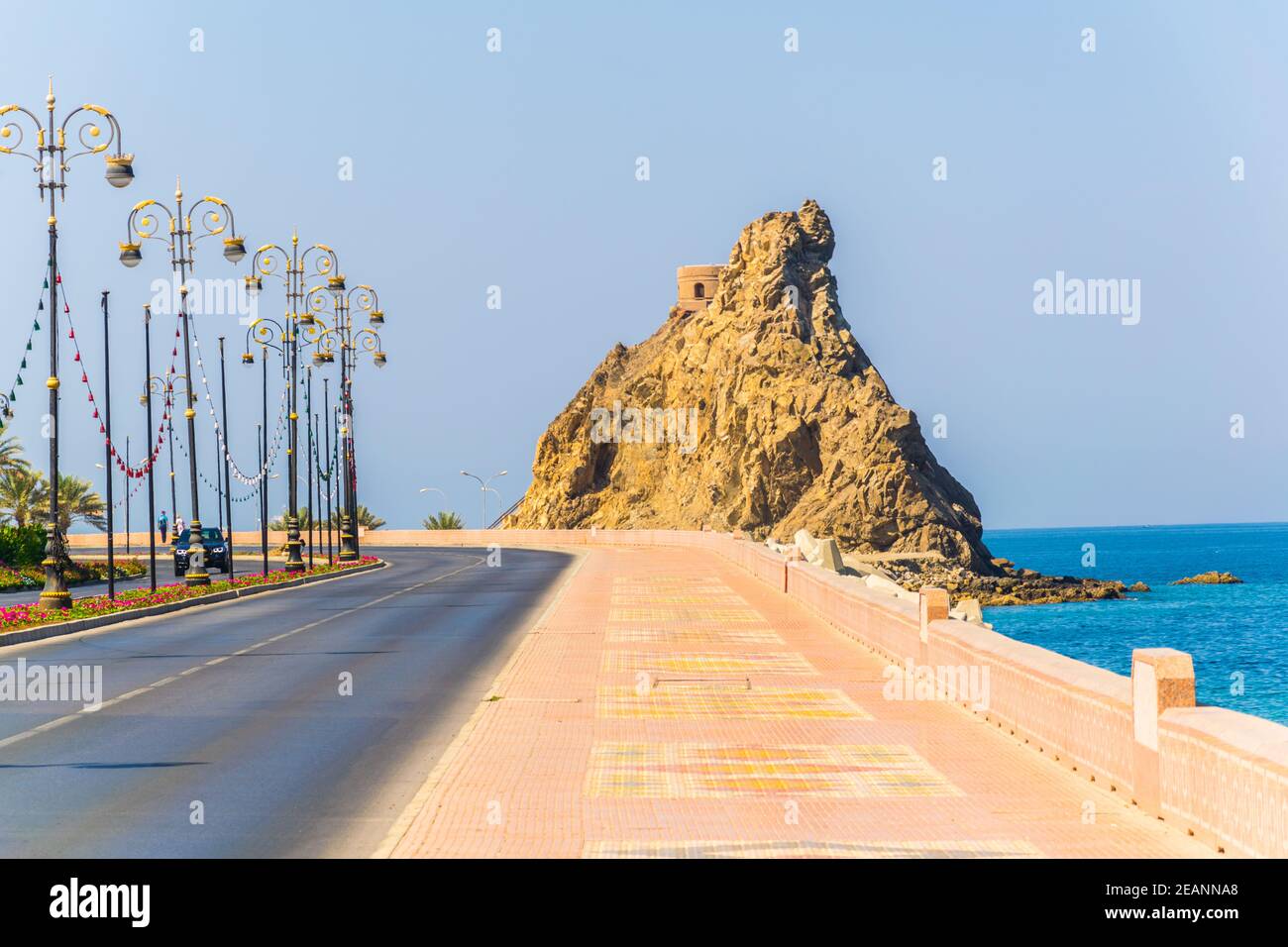 View of a watch tower behind the al riyam park in Muttrah district of ...
