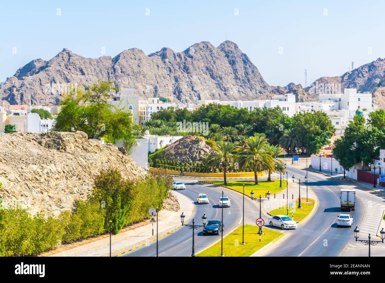 Aerial view of the Al Bahri road connecting the Old town of Muscat with ...