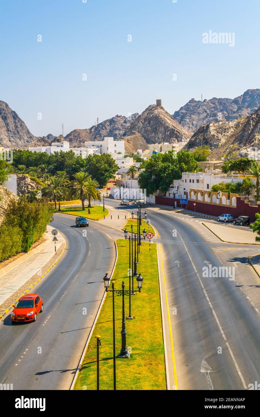 Aerial view of the Al Bahri road connecting the Old town of Muscat with ...