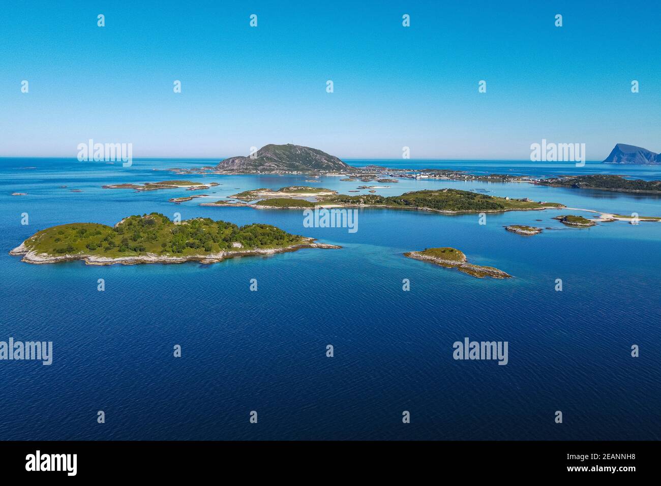 Aerial of Brensholmen with its turquoise waters, Senja scenic road ...