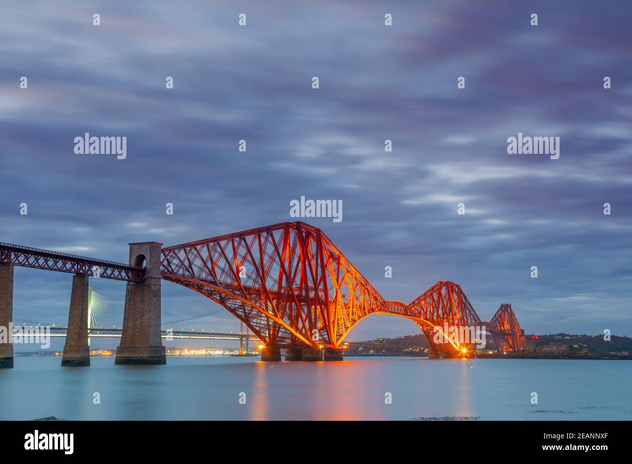Forth Railway bridge at dusk, UNESCO World Heritage Site, River Forth ...
