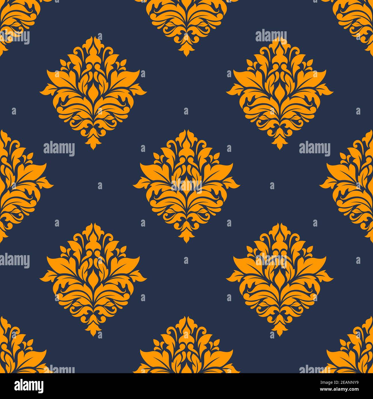 Floral retro orange seamless pattern on indigo or dark blue colored ...