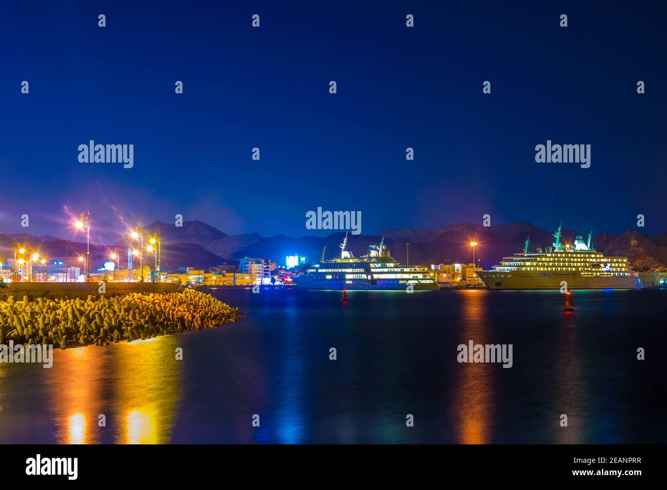 View of the Muttrah district in Muscat, Oman during night Stock Photo ...