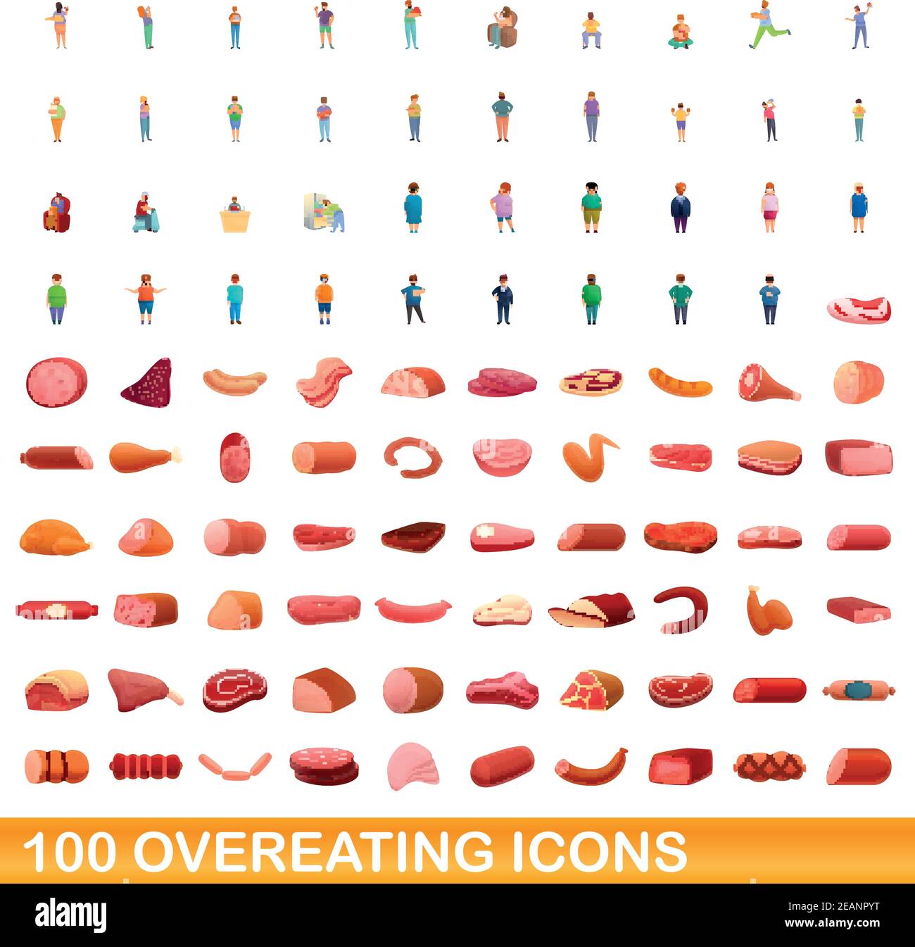 100 overeating icons set. Cartoon illustration of 100 overeating icons ...