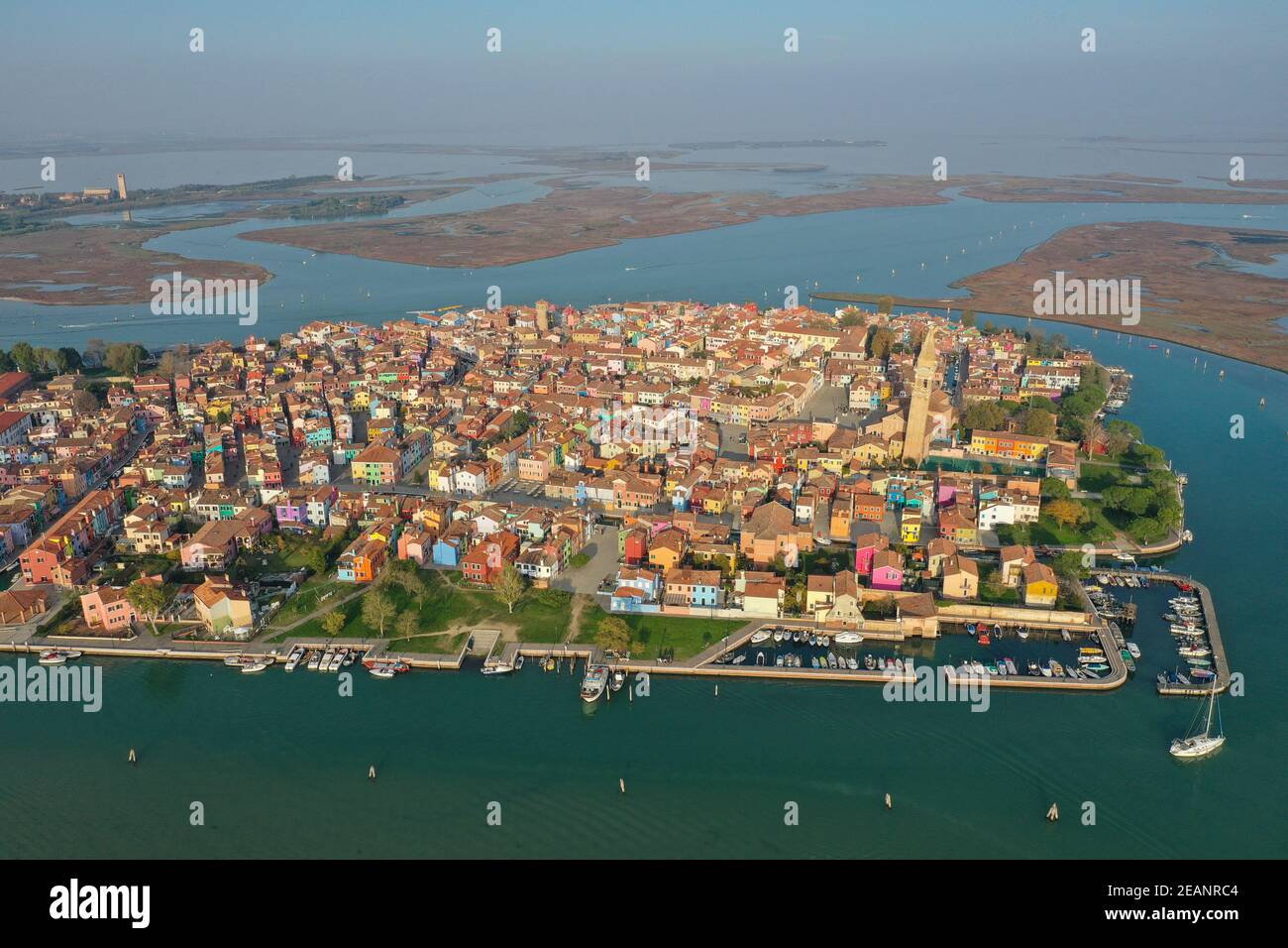 Aerial view of Burano Island, Venice Lagoon, UNESCO World Heritage Site ...