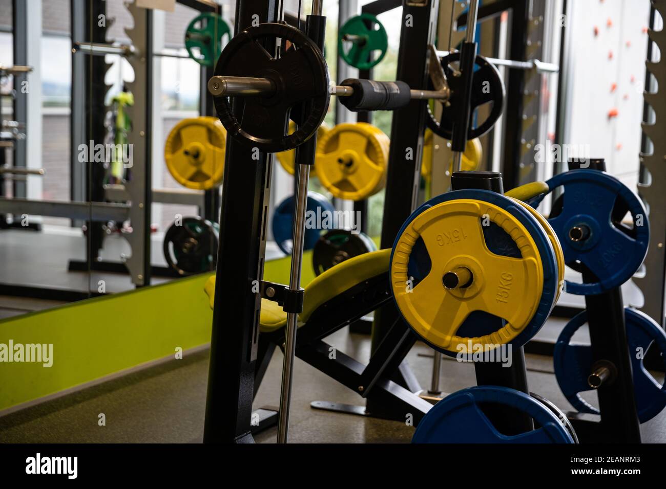 Fitness benches in the weights at the gym Stock Photo - Alamy