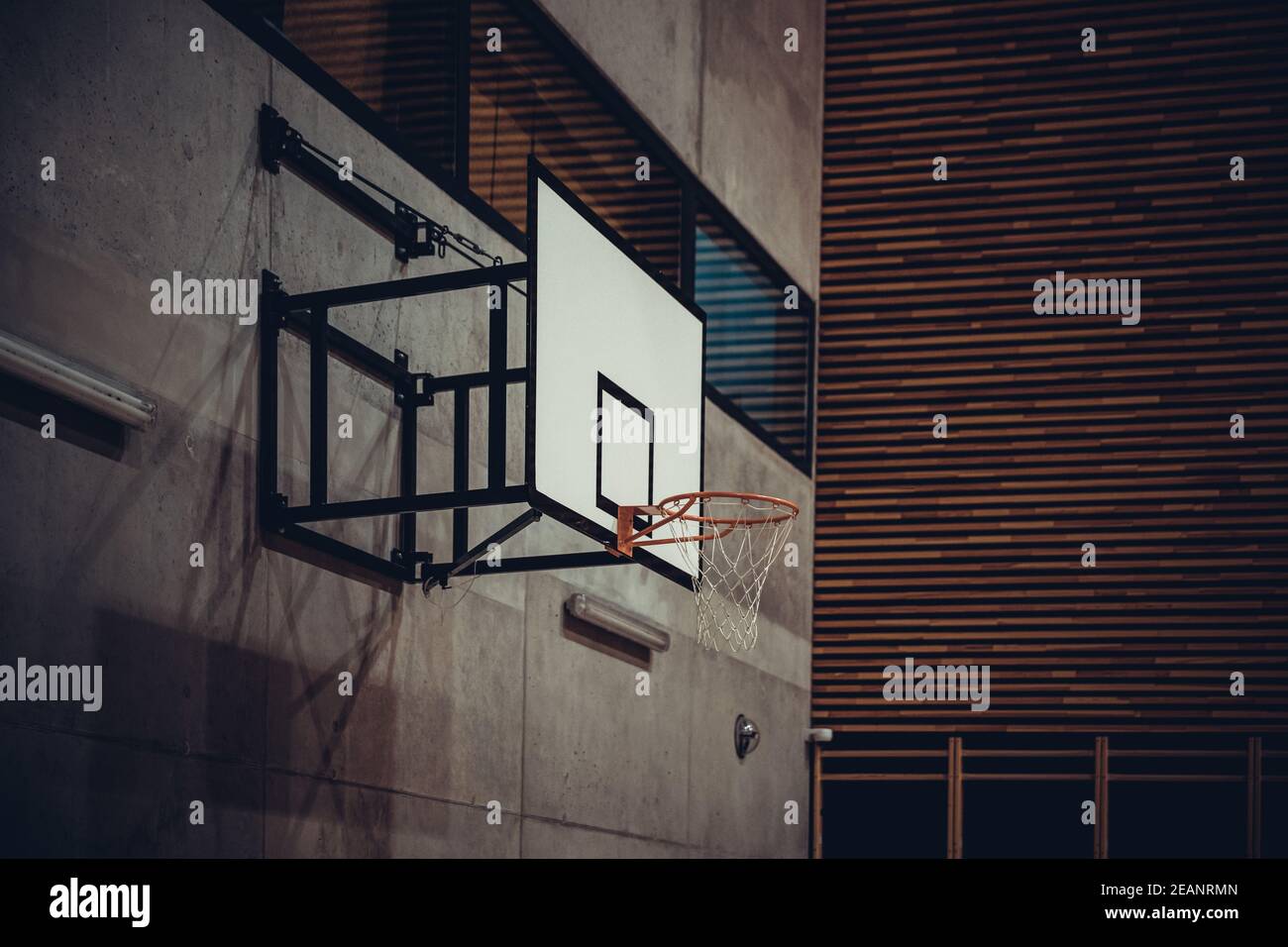 basketball hoop in a modern school gym Stock Photo - Alamy