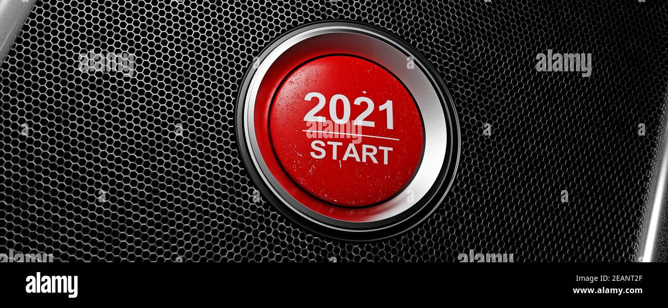 2021 - Press the start button. Concept of the New Year. 3D illustration ...