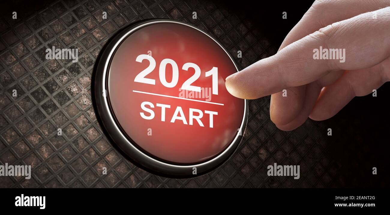 2021 - Press the start button. Concept of the New Year. 3D illustration ...