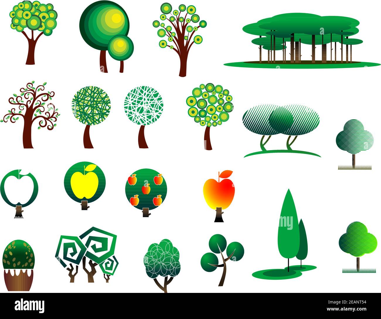 Abstract stylized cartoon style tree icons isolated on white colored ...