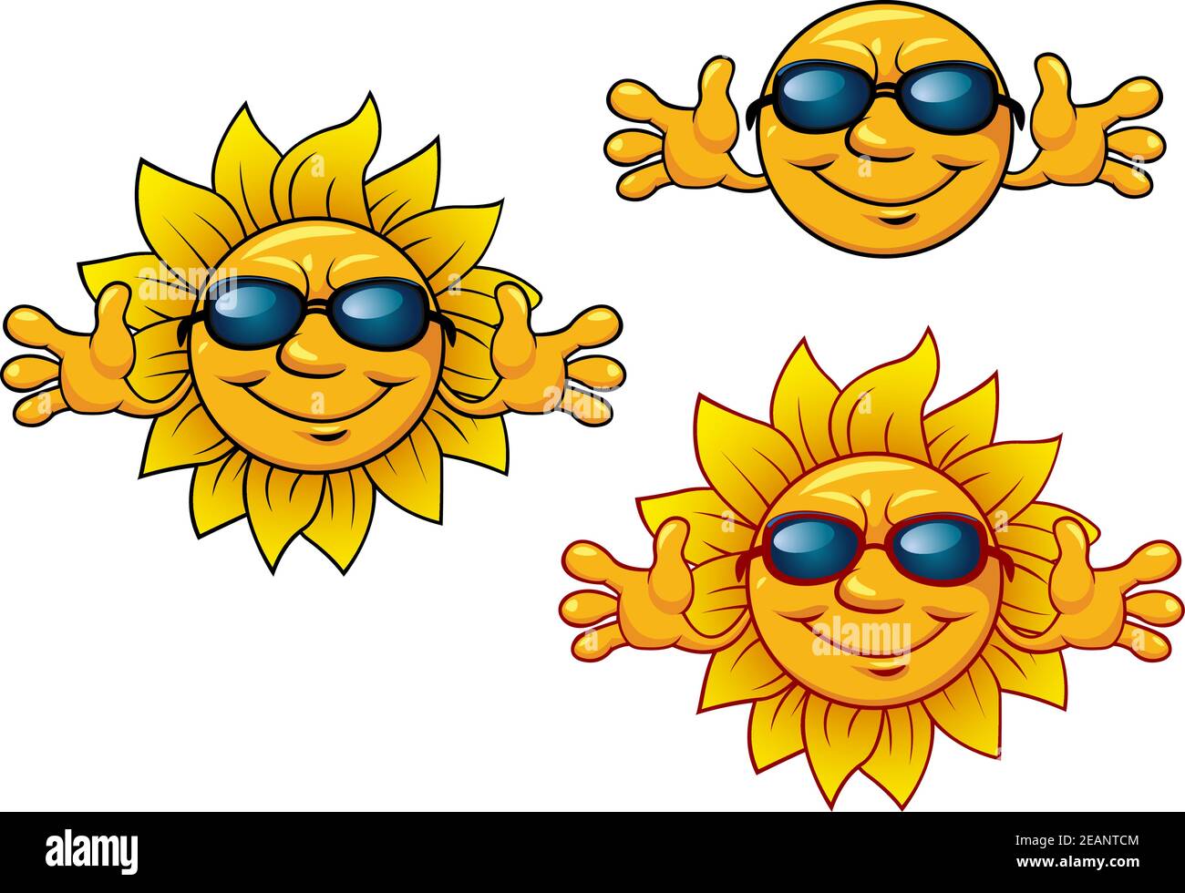 Cartoon smiling cute sun characters with sunglasses isolated on white ...